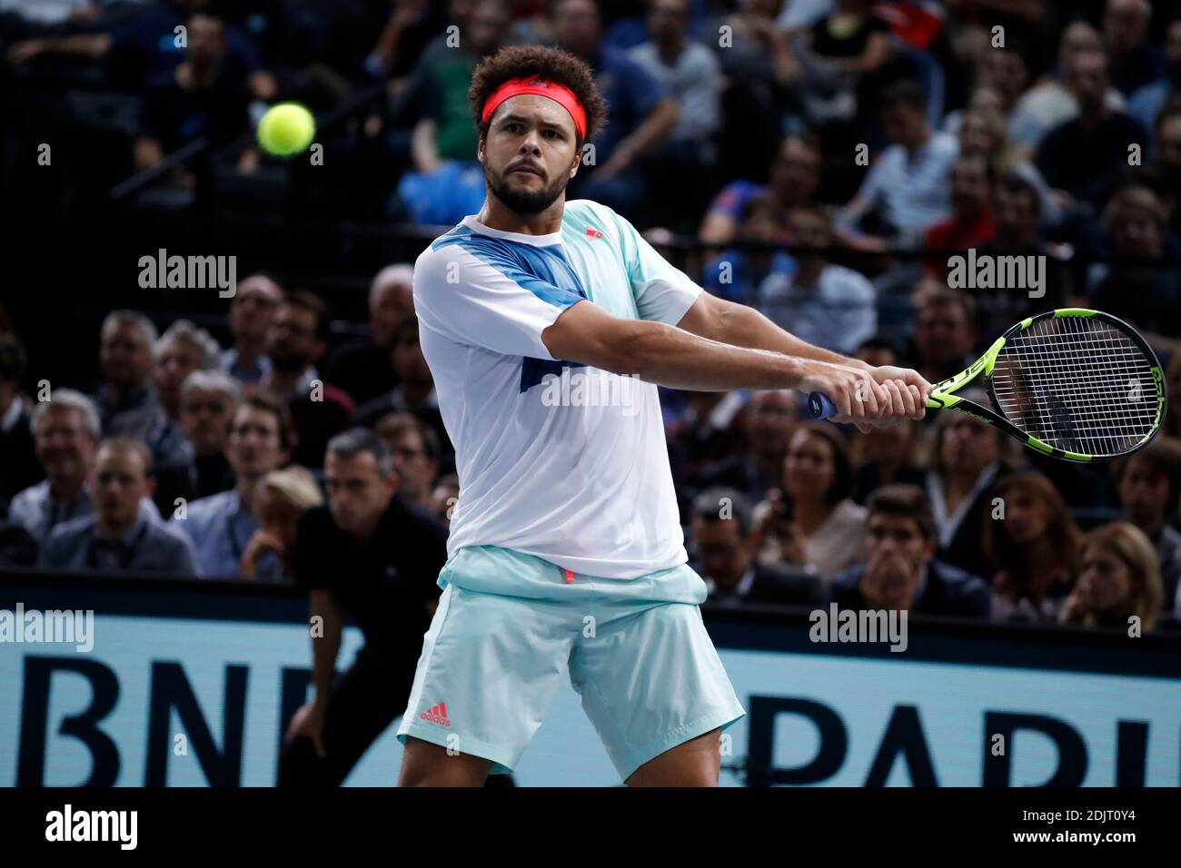 France's Jo-Wilfried Tsonga playing in the 1/4 finals at the BNP Paribas Tennis Masters Paris ...