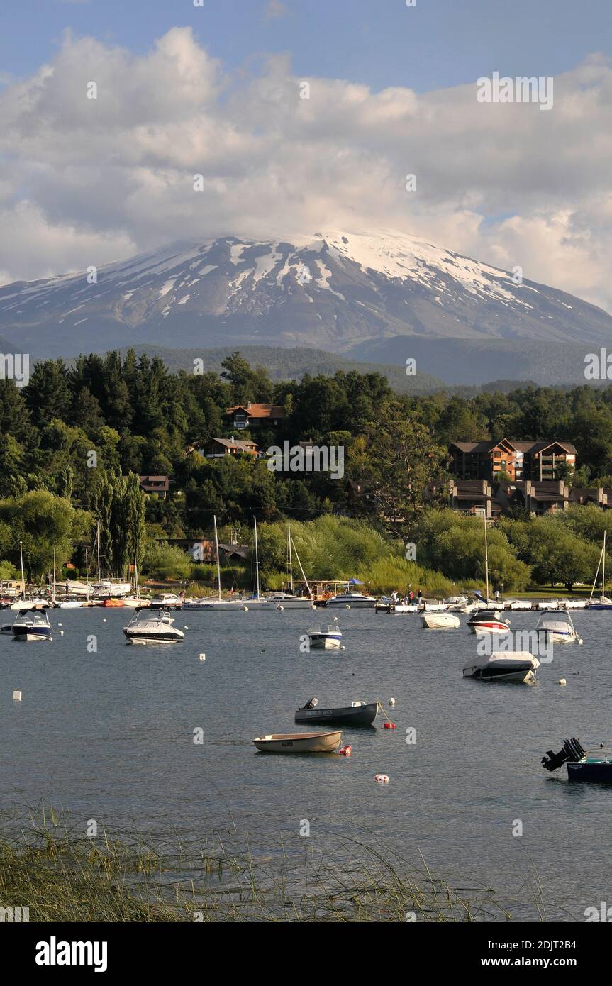South America, Chile, lX region, Pucon, Lago and Villarica volcano ...