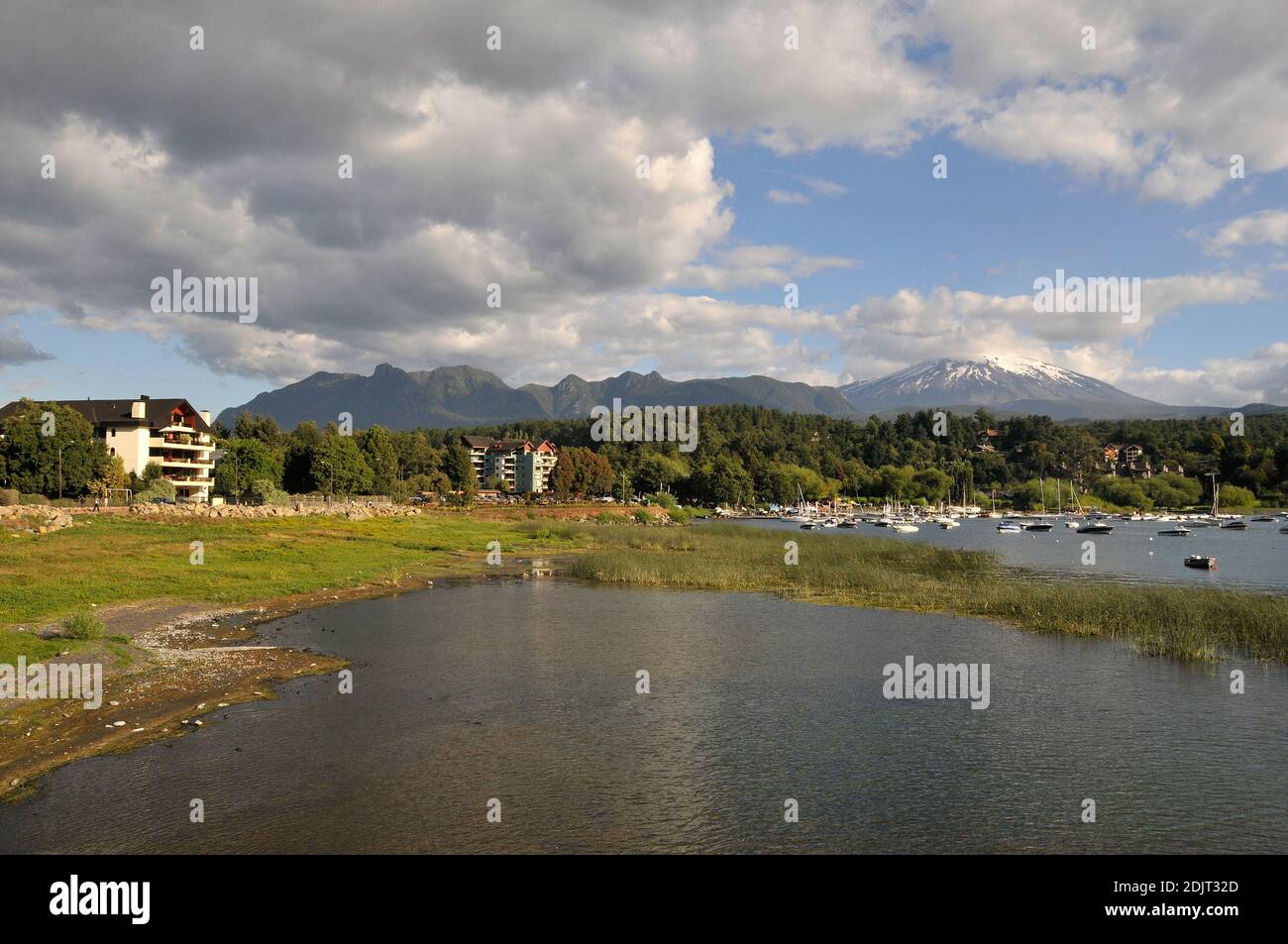 South America, Chile, lX region, Pucon, Lago and Villarica volcano ...