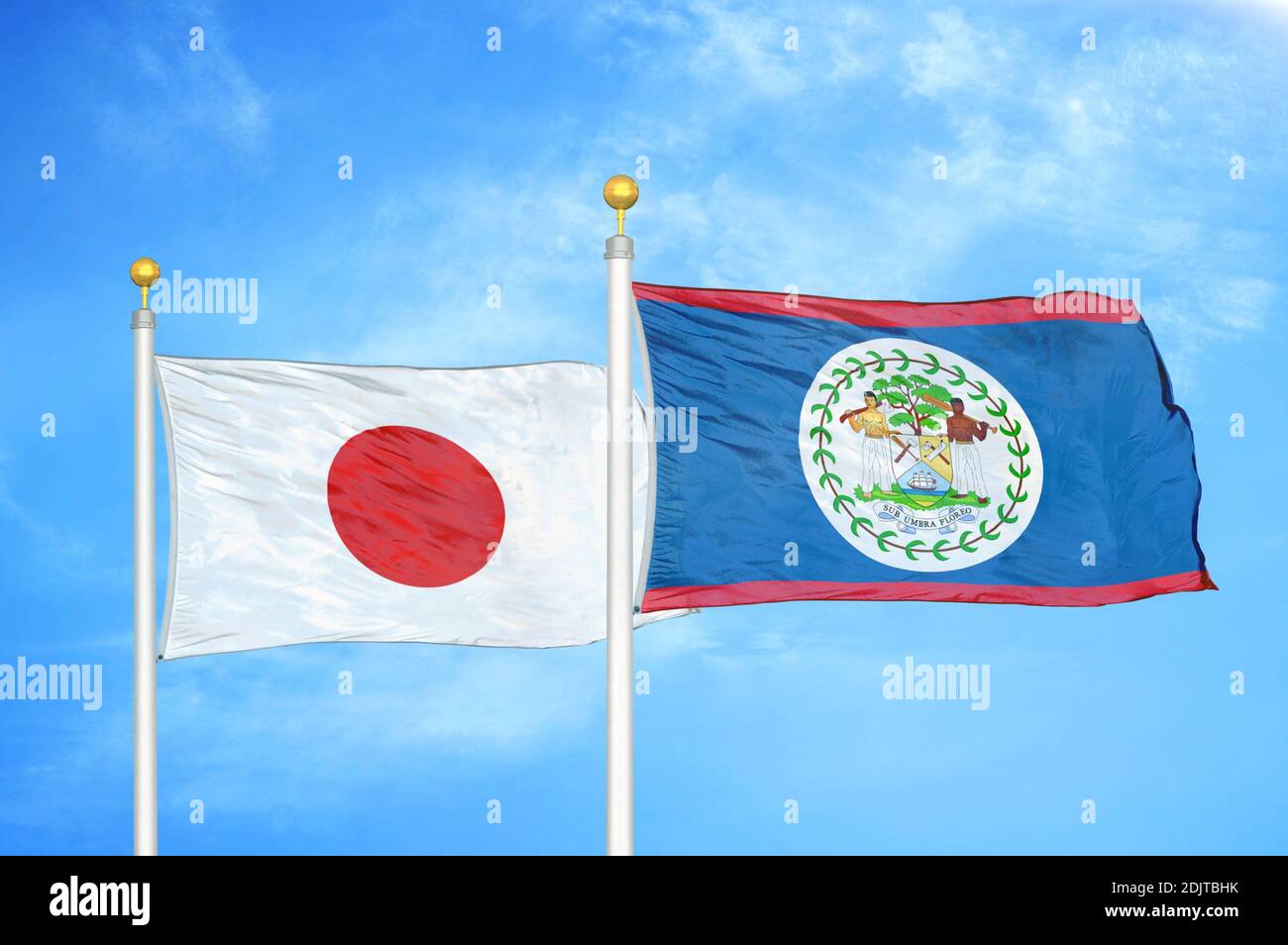 Japan and Belize two flags on flagpoles and blue cloudy sky Stock Photo ...