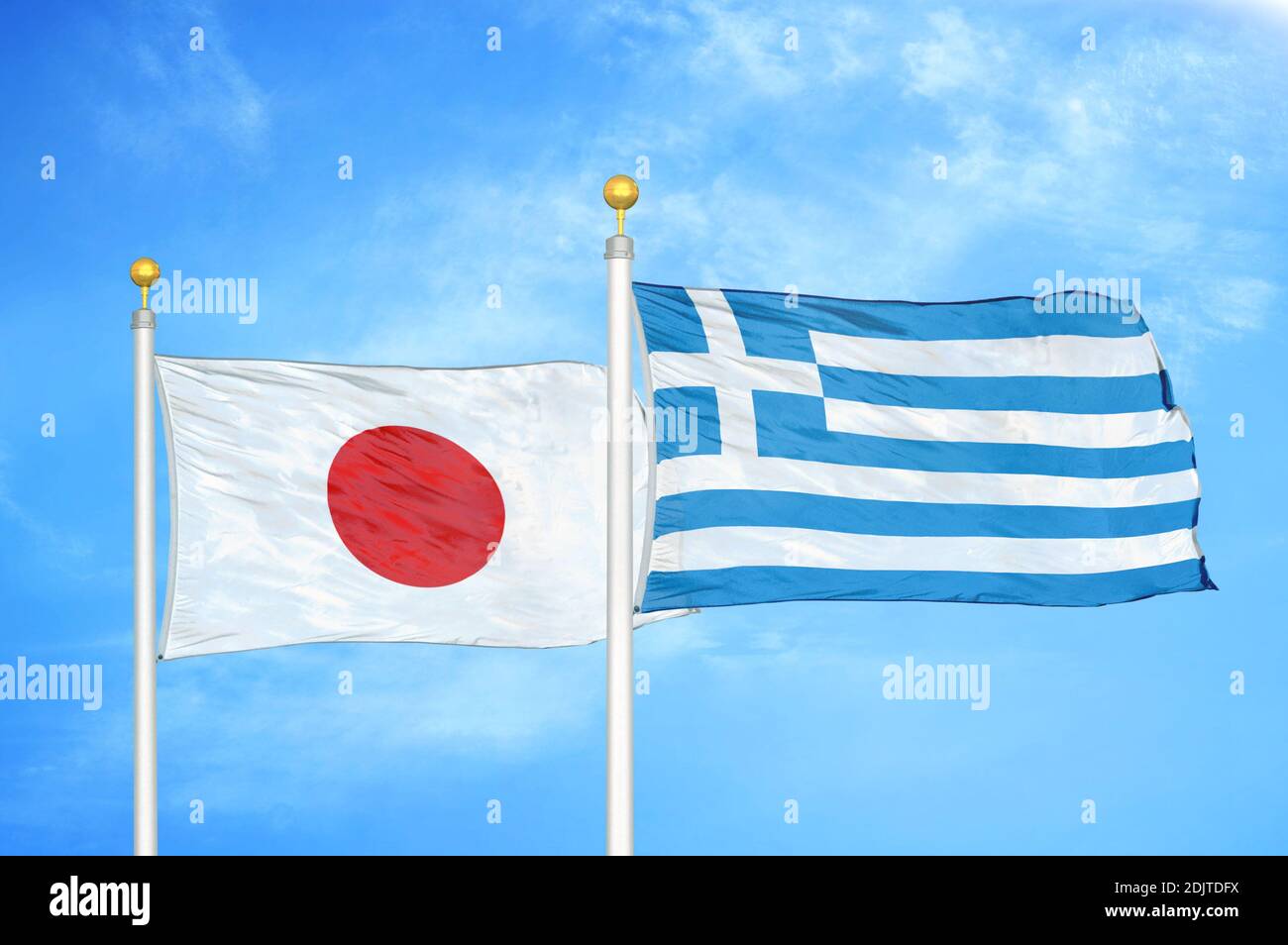 Japan and Greece two flags on flagpoles and blue cloudy sky Stock Photo ...