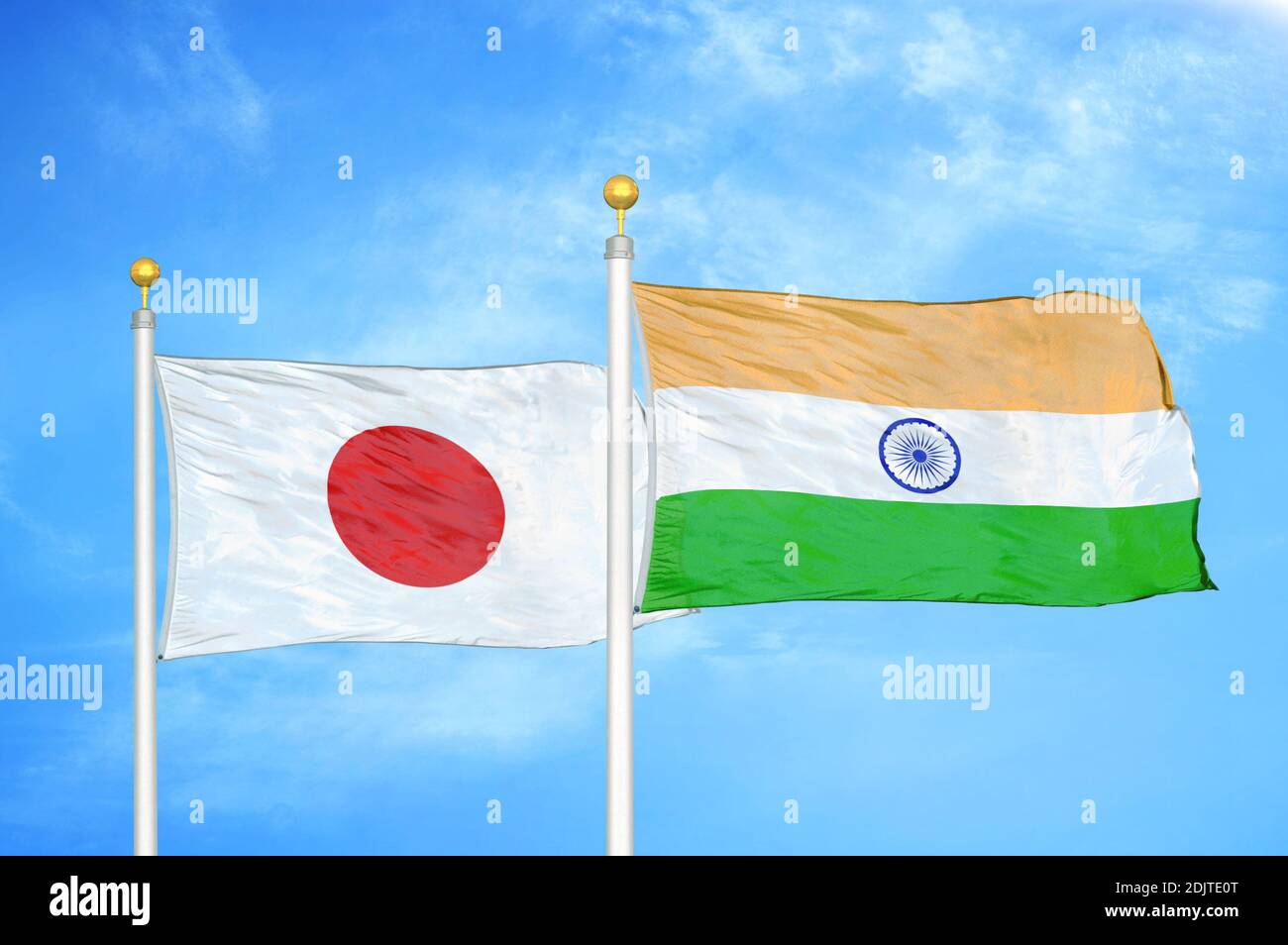 Japan and India two flags on flagpoles and blue cloudy sky Stock Photo ...