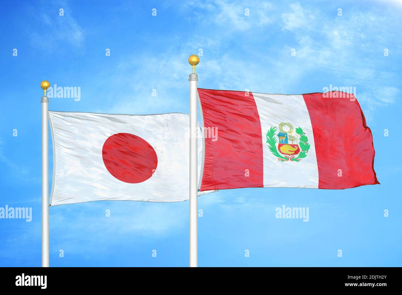 Japan and Peru two flags on flagpoles and blue cloudy sky Stock Photo ...