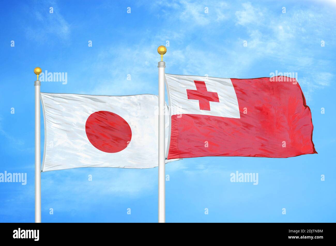 Japan and Tonga two flags on flagpoles and blue cloudy sky Stock Photo ...