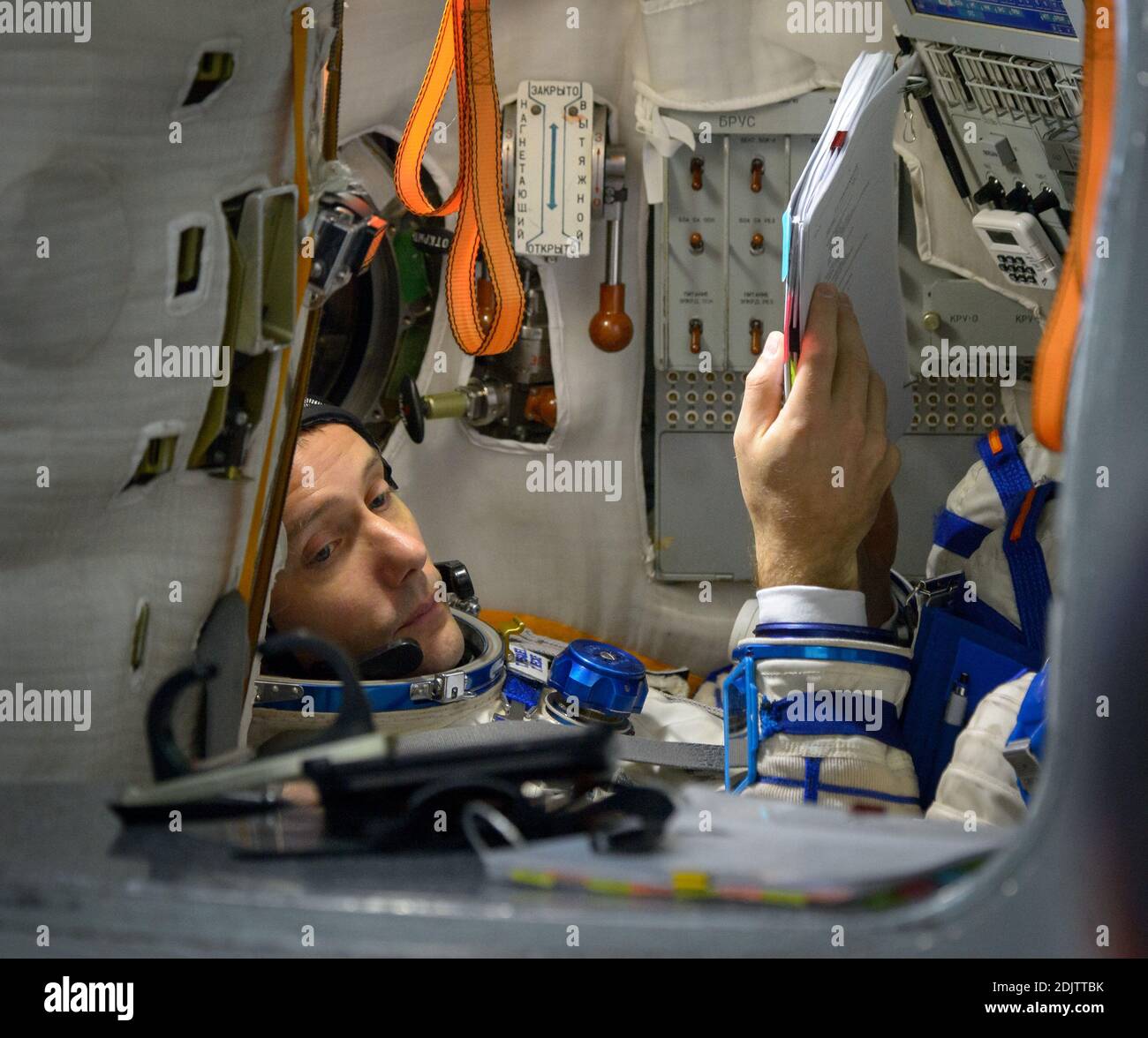 Expedition 50 ESA astronaut Thomas Pesquet is seen inside the Soyuz ...