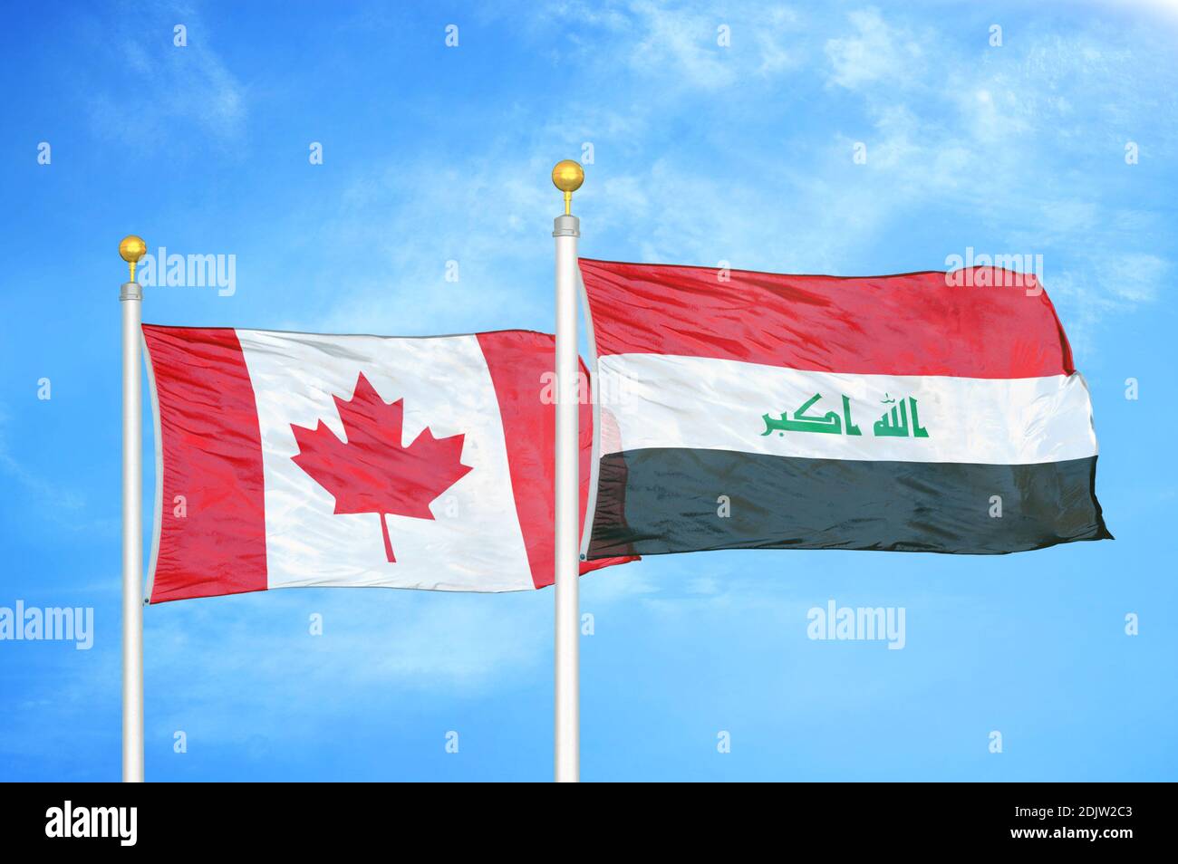 Canada and Iraq two flags on flagpoles and blue cloudy sky Stock Photo ...