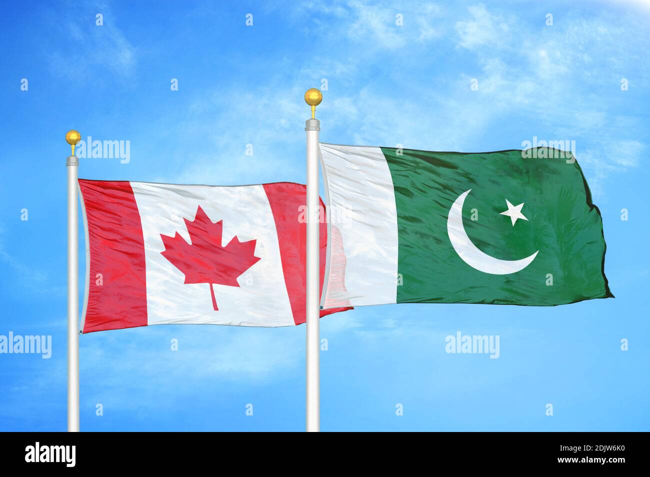 Canada and Pakistan two flags on flagpoles and blue cloudy sky Stock ...