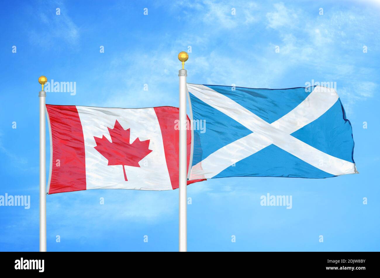 Canada and Scotland two flags on flagpoles and blue cloudy sky Stock ...