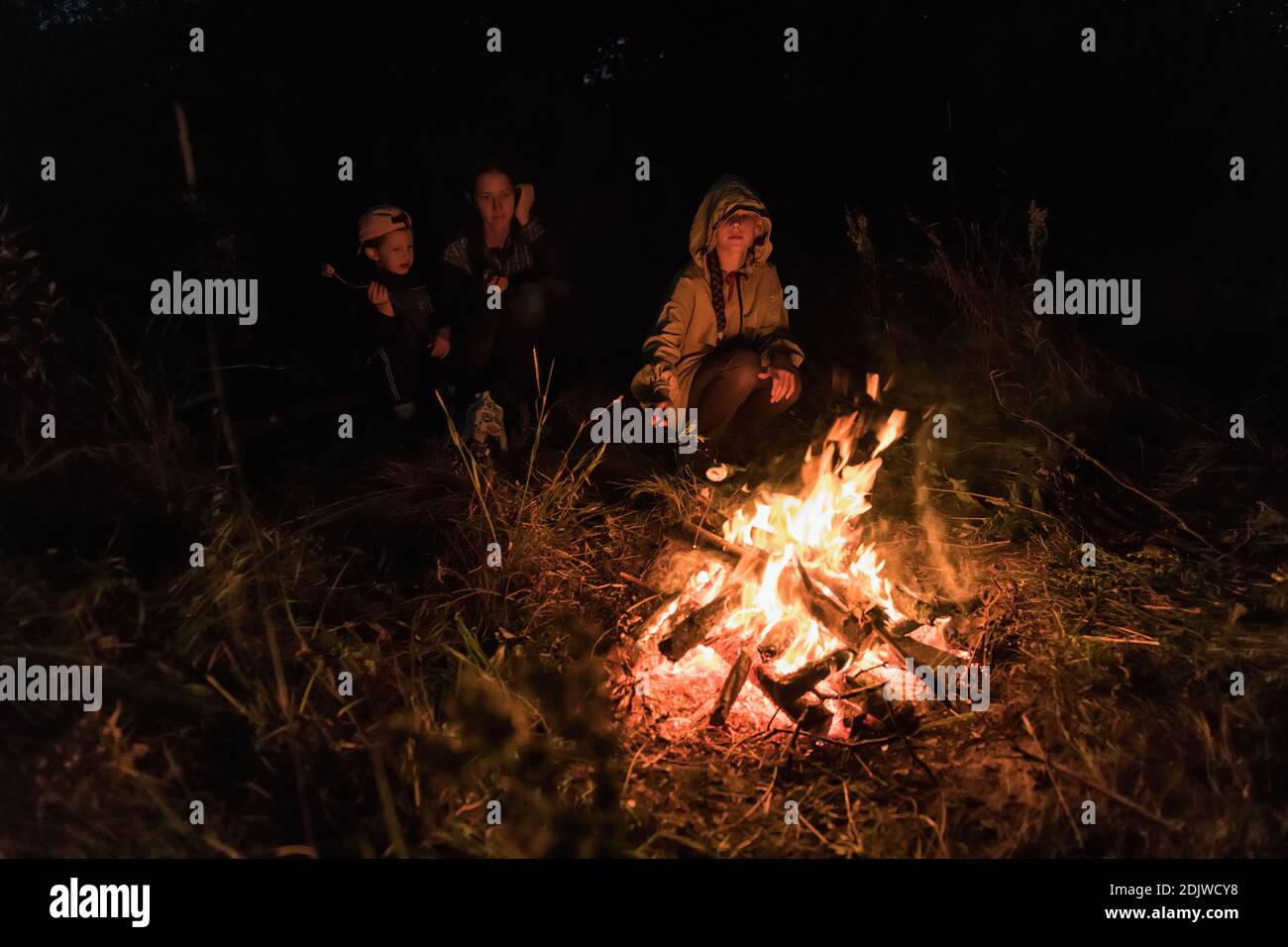 People By Fire In Forest At Night Stock Photo - Alamy