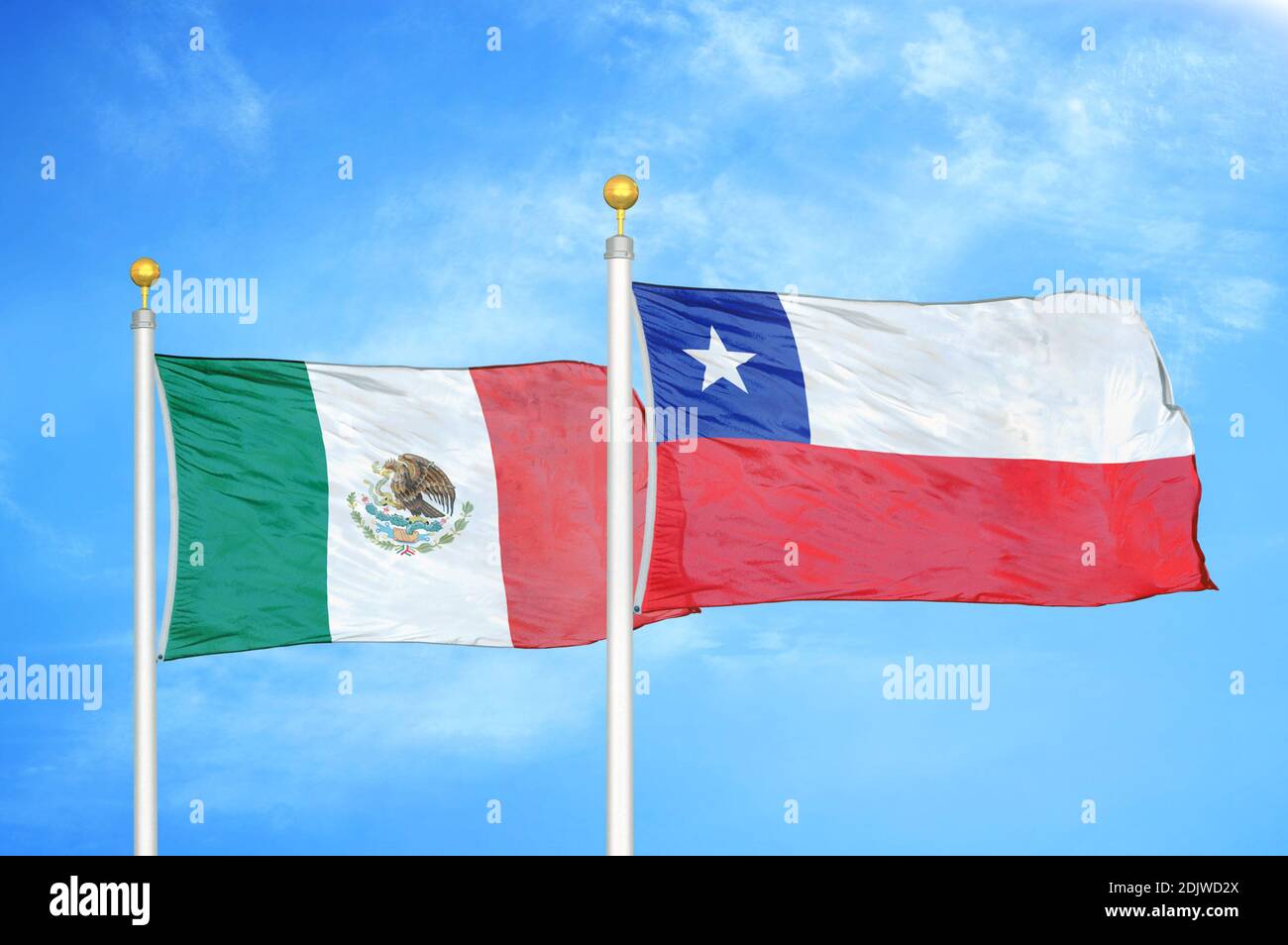 Mexico and Chile two flags on flagpoles and blue cloudy sky Stock Photo ...