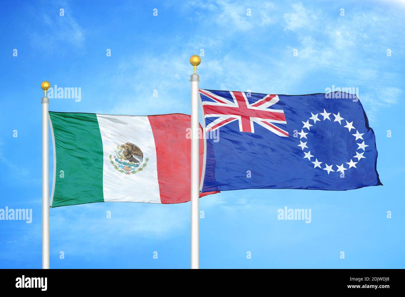 Mexico and Cook Islands two flags on flagpoles and blue cloudy sky ...