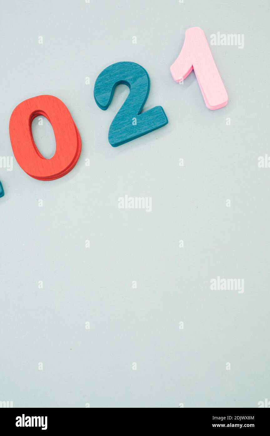 The colorful wooden numbers 021 isolated on white background. New year ...