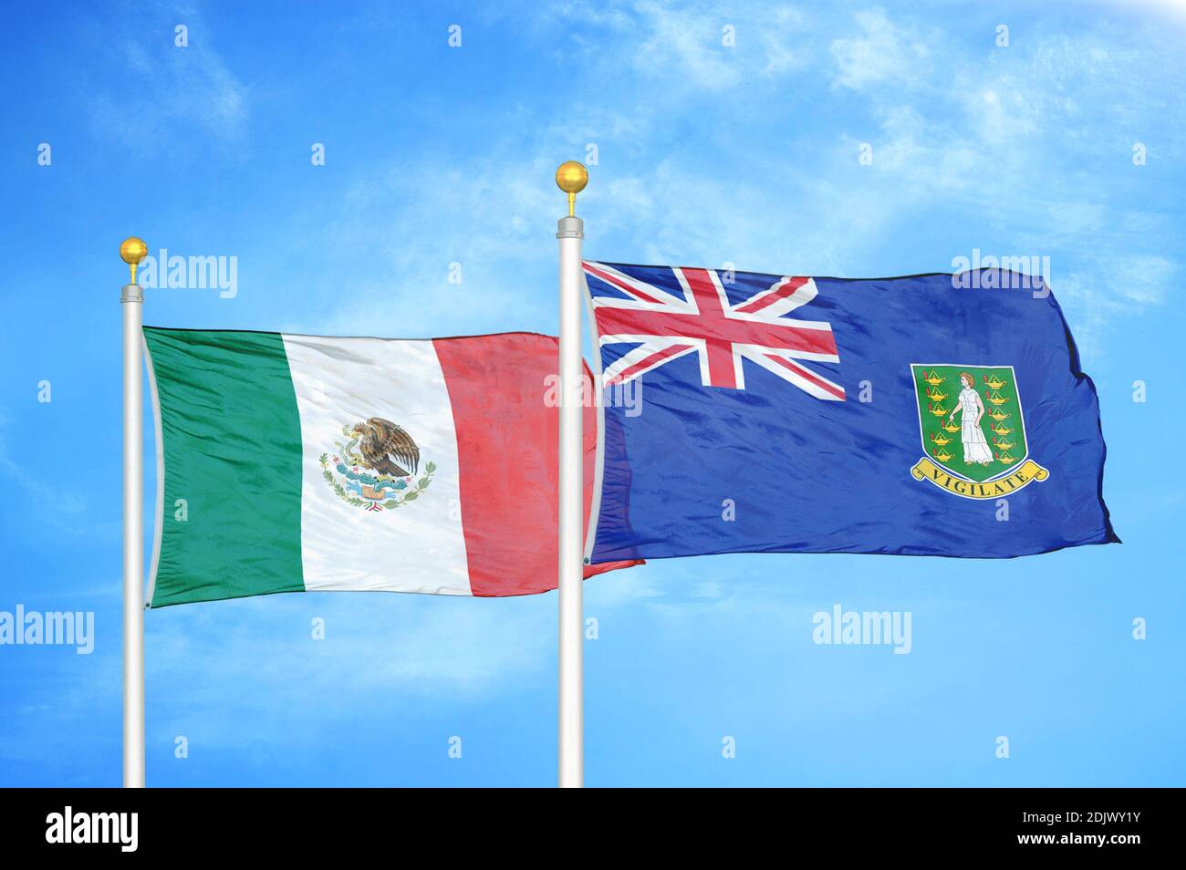 Mexico and Virgin Islands British two flags on flagpoles and blue ...