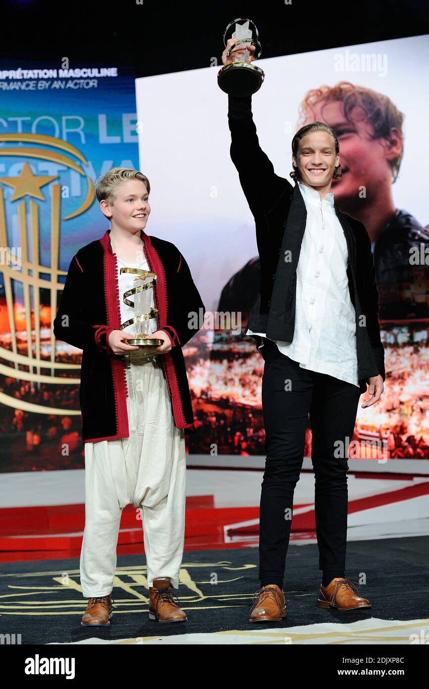 Blaher Hinriksson and Baldur Einarsson hold their trophy after receiving the best actor award ...