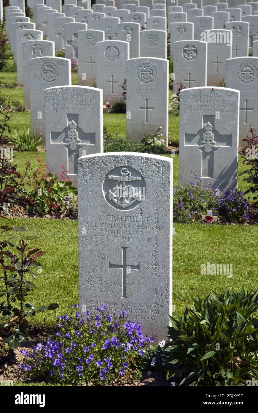 Grave of a British seaman killed on D-Day (June 6, 1944) at the Bayeux Commonwealth War Graves ...