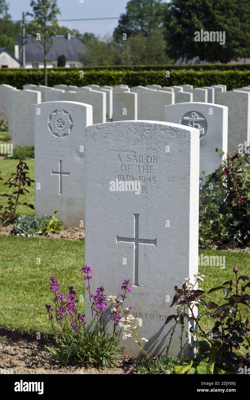 Grave of an unknown British sailor killed in World War Two at the Bayeux Commonwealth War Graves ...