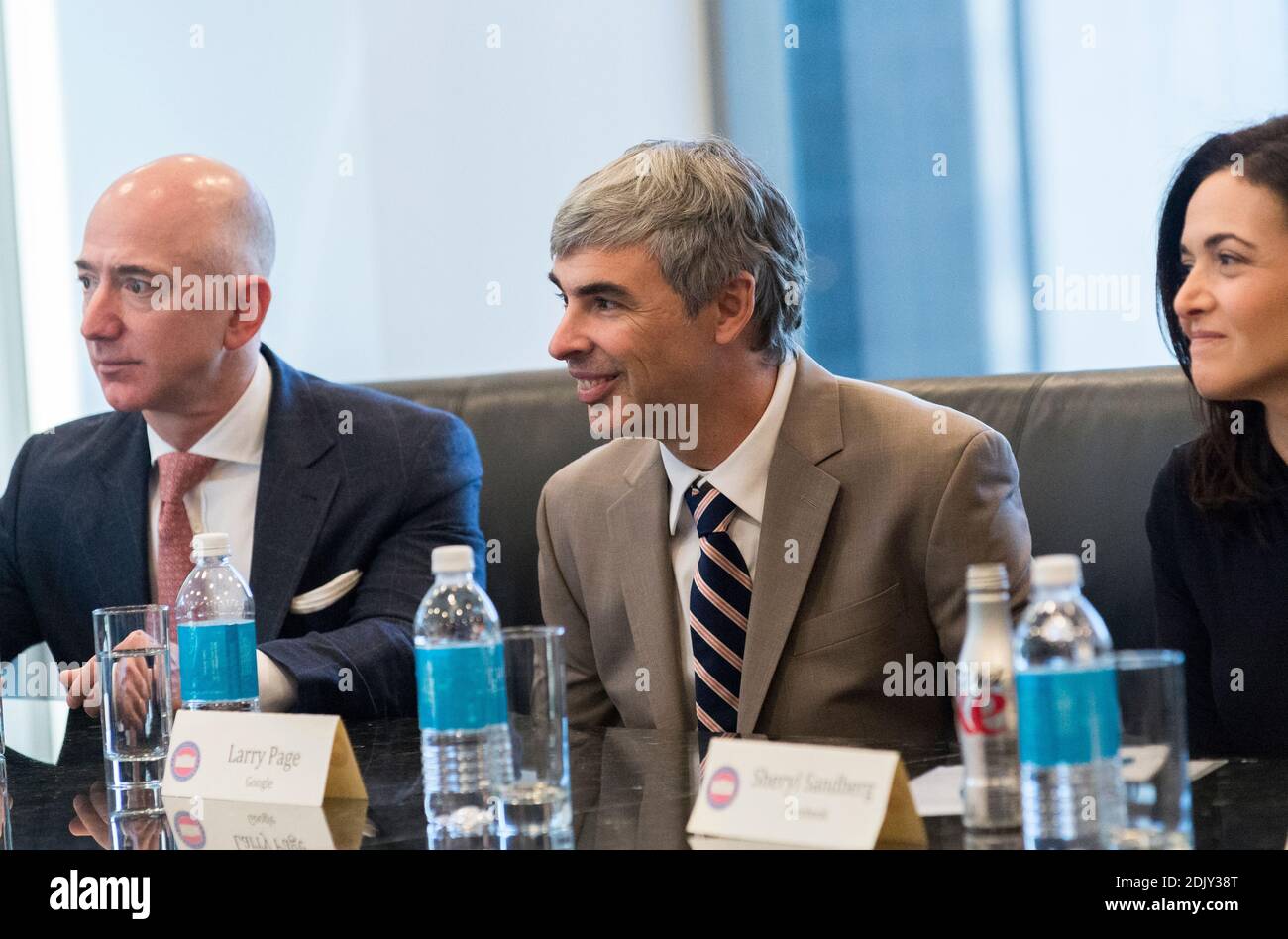 (L-R) Jeff Bezos, Larry Page and Sheryl Sandberg are seen at a meeting ...