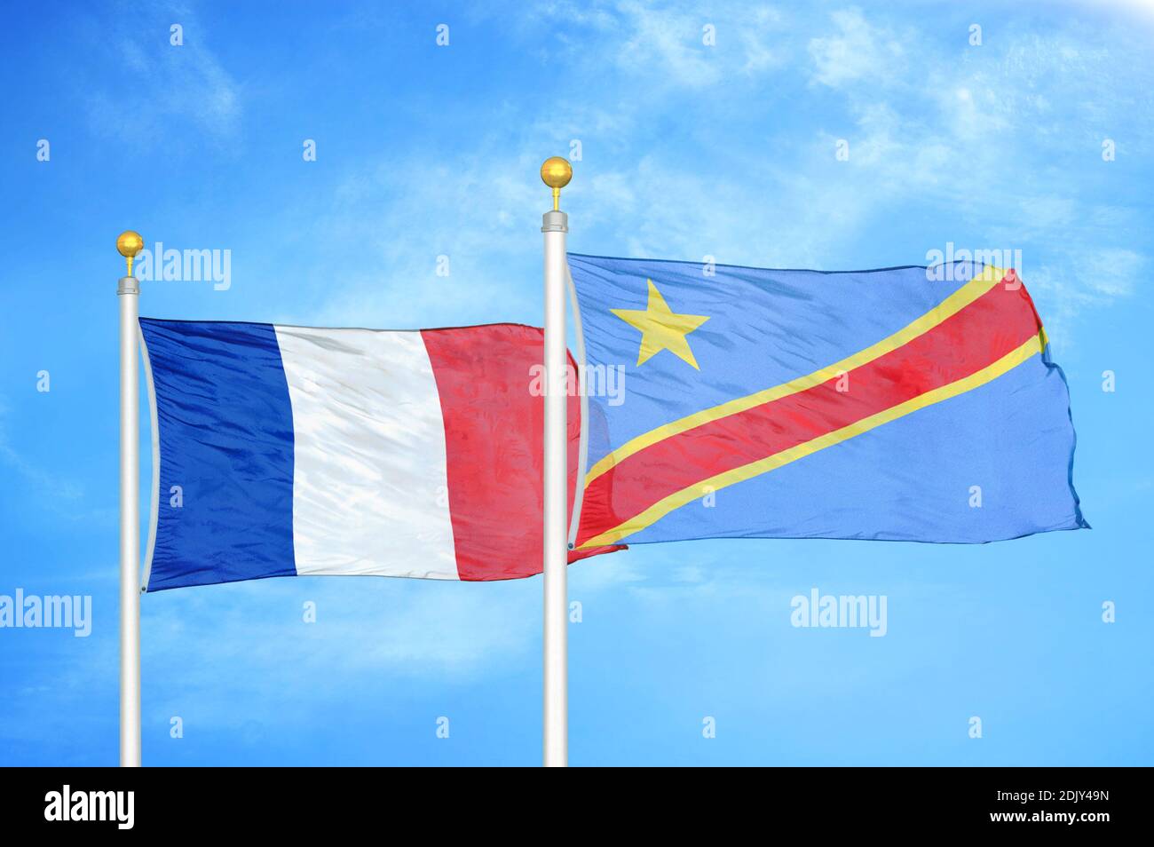 France and Congo Democratic Republic two flags on flagpoles and blue ...