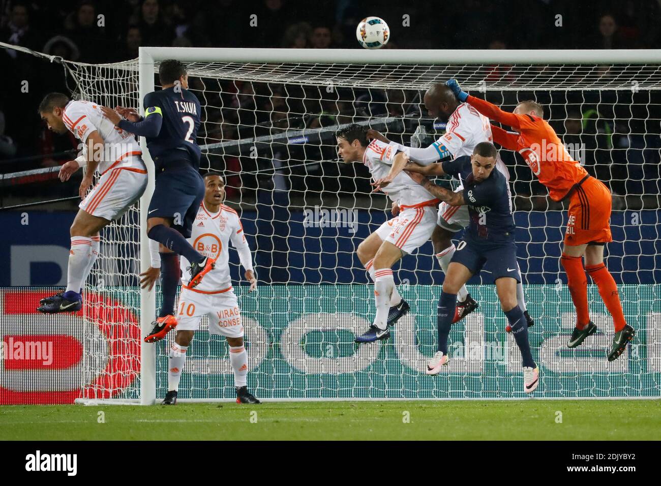 Defense action during the Ligue 1 Paris Saint Germain (PSG) v Lorient ...