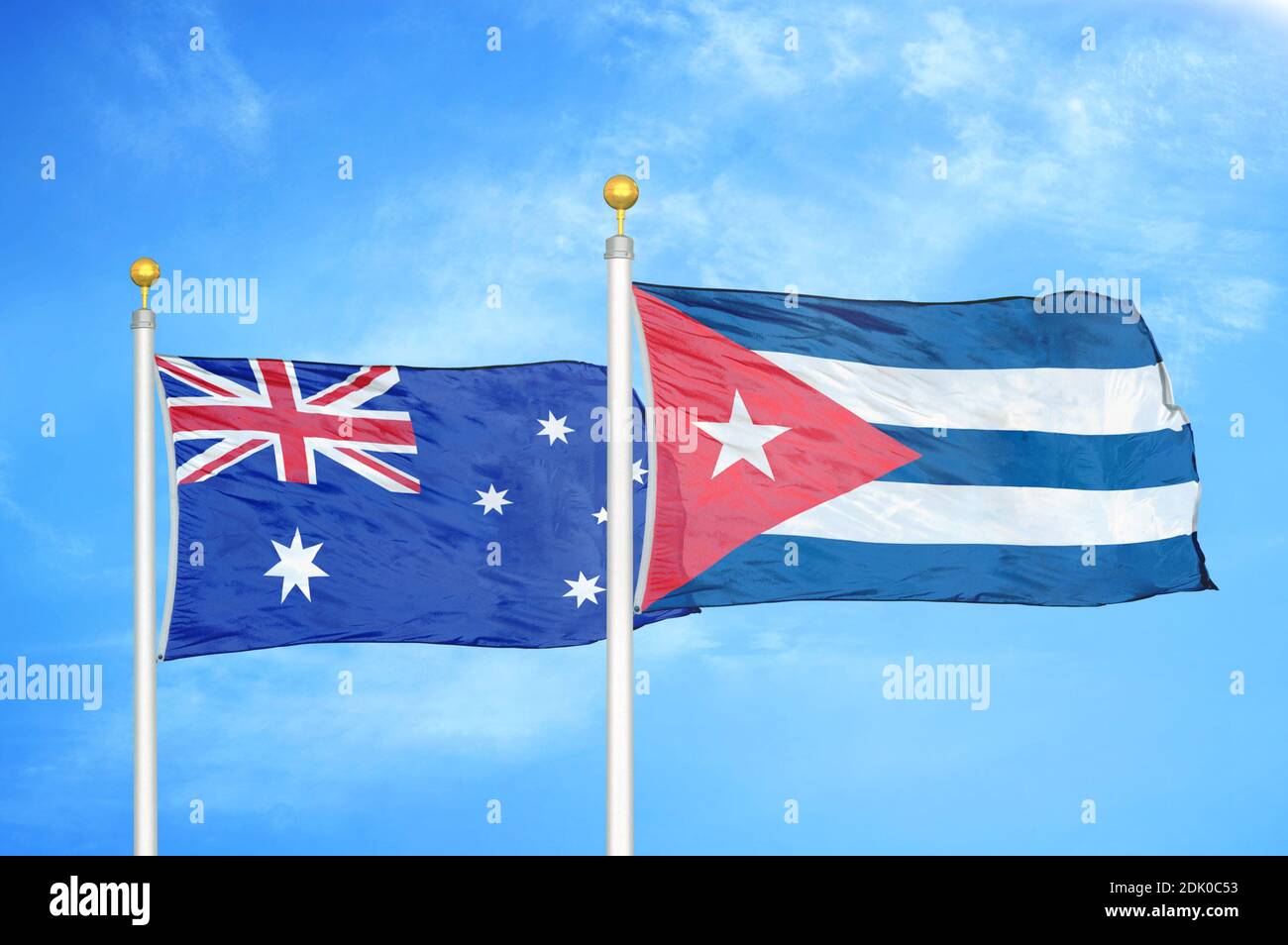 Australia and Cuba two flags on flagpoles and blue cloudy sky Stock ...