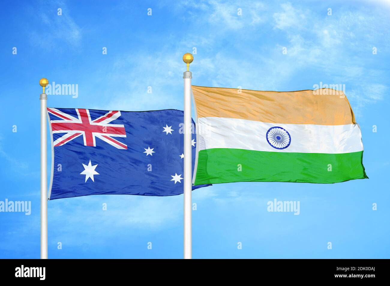 Australia and India two flags on flagpoles and blue cloudy sky Stock ...