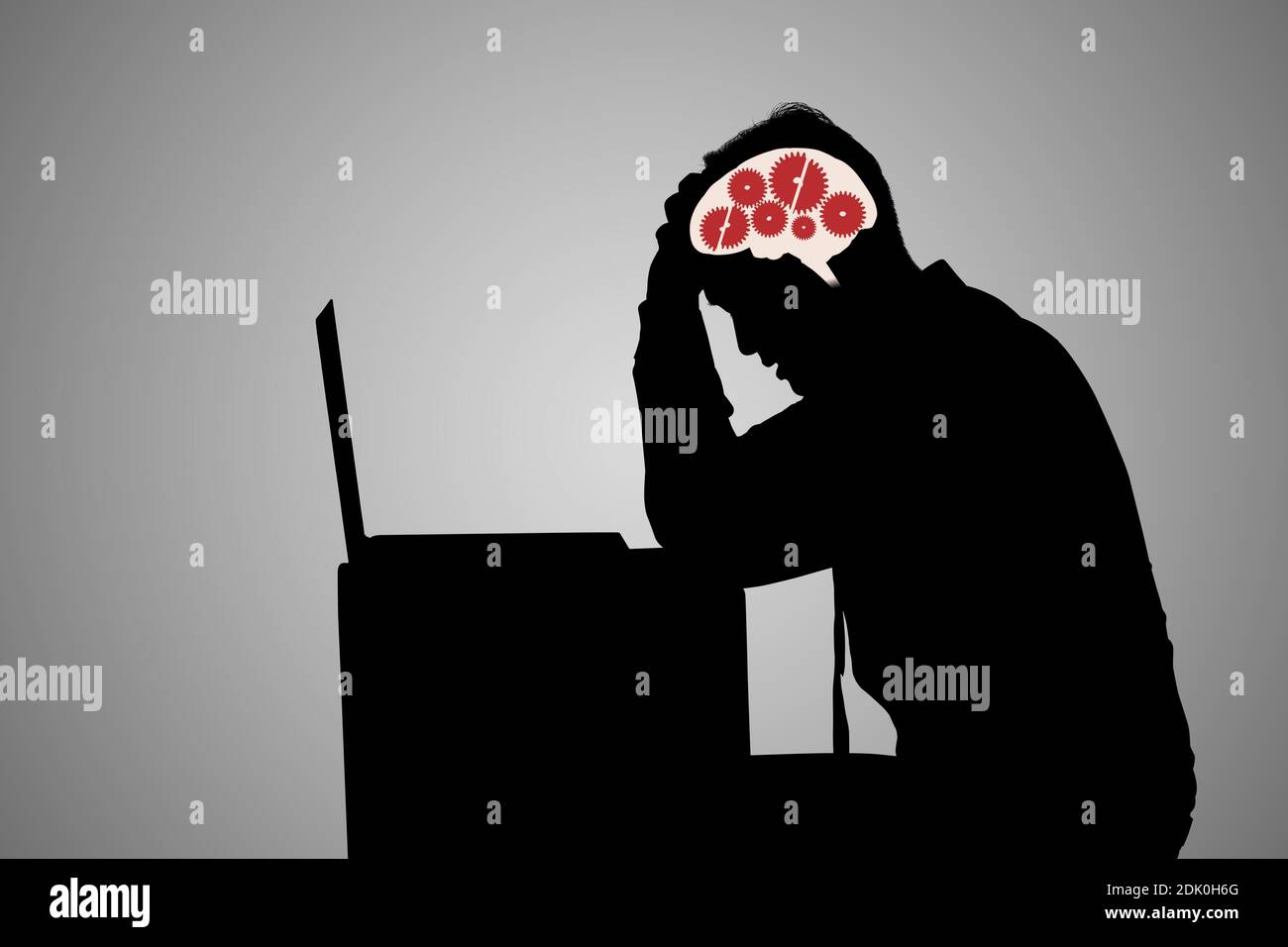 Silhouette of a businessman with broken cog brain hard to thinking ...