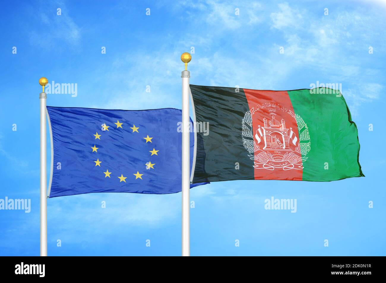 European Union and Afghanistan two flags on flagpoles and blue cloudy ...