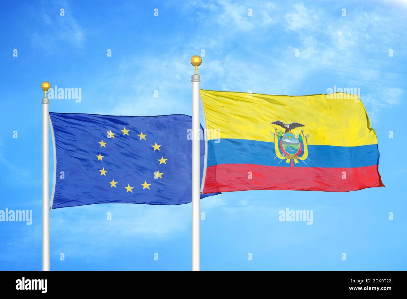 European Union and Ecuador two flags on flagpoles and blue cloudy sky ...