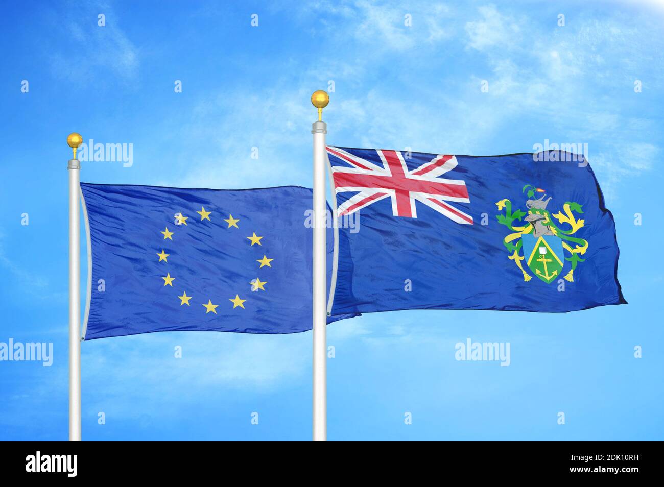 European Union and Pitcairn Islands two flags on flagpoles and blue ...