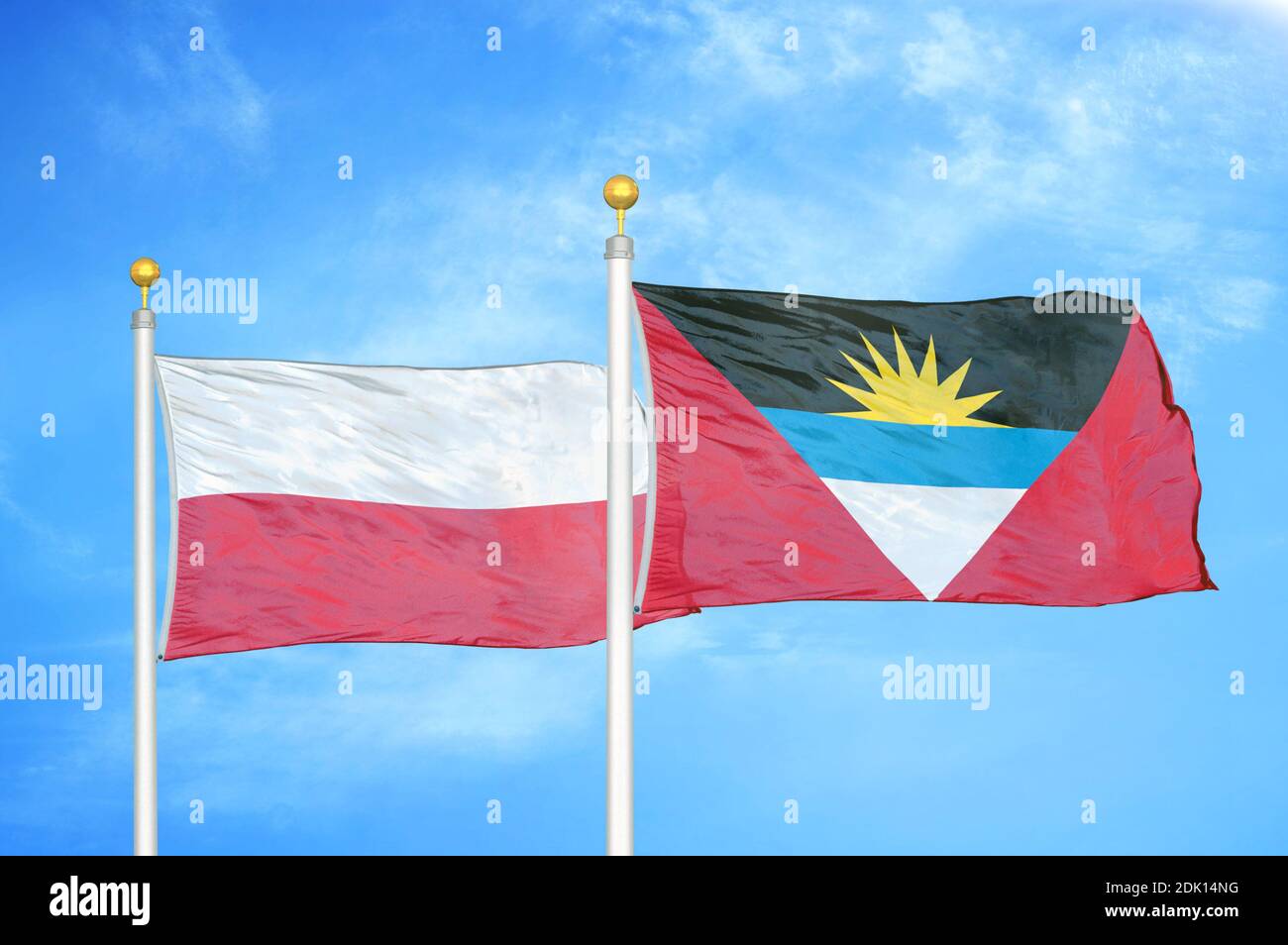Poland and Antigua and Barbuda two flags on flagpoles and blue cloudy ...