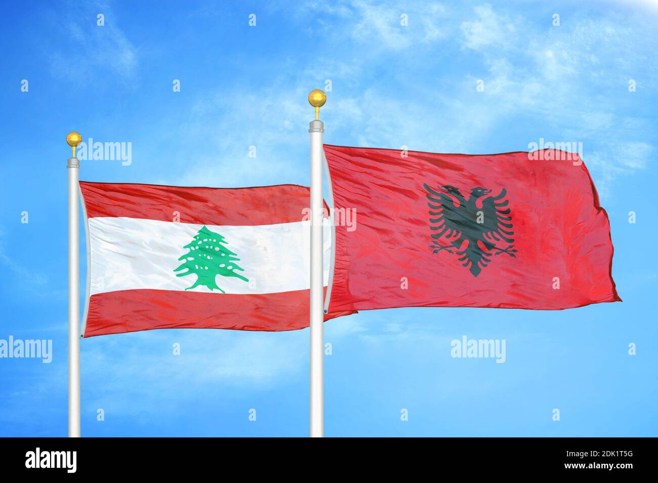 Lebanon and Albania two flags on flagpoles and blue cloudy sky Stock ...