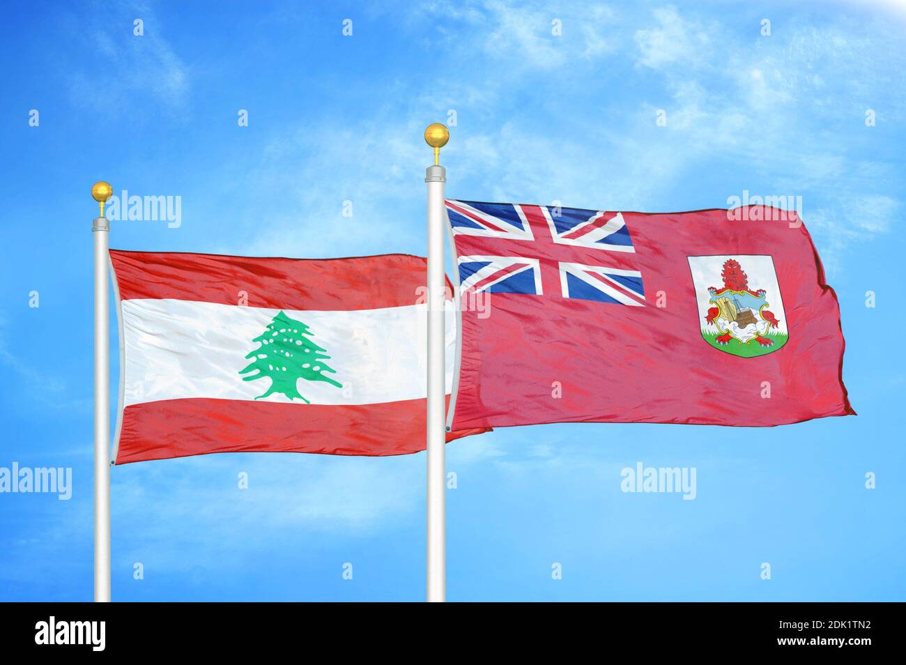 Lebanon and Bermuda two flags on flagpoles and blue cloudy sky Stock ...