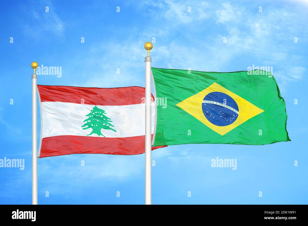 Lebanon and Brazil two flags on flagpoles and blue cloudy sky Stock ...