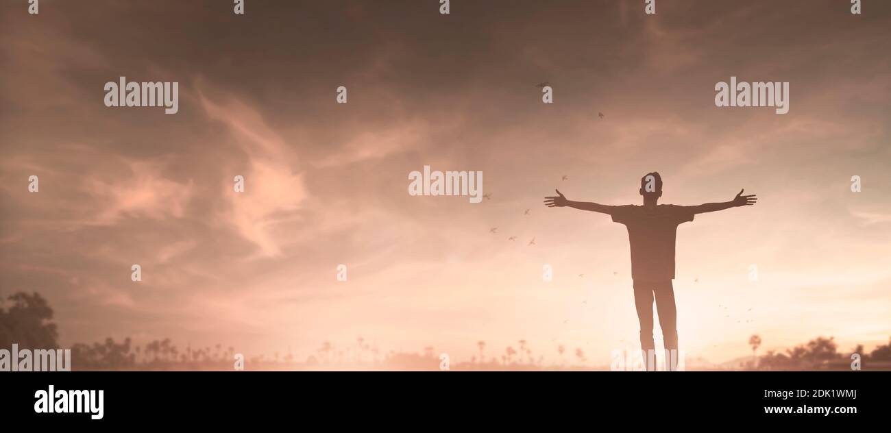 Happy man rise hand on morning view. Christian inspire praise God on ...