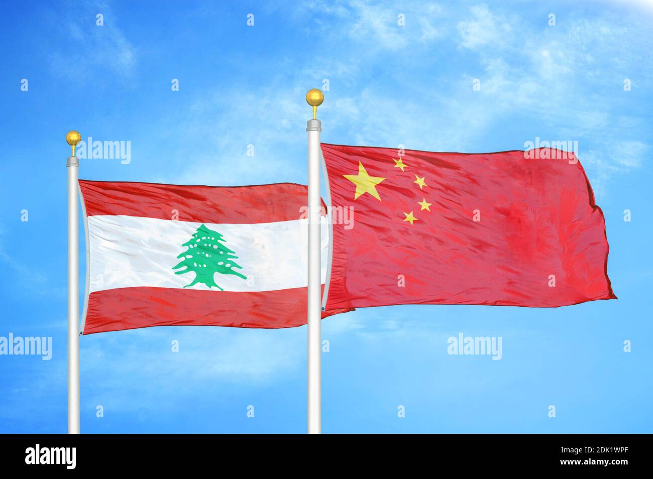 Lebanon and China two flags on flagpoles and blue cloudy sky Stock ...