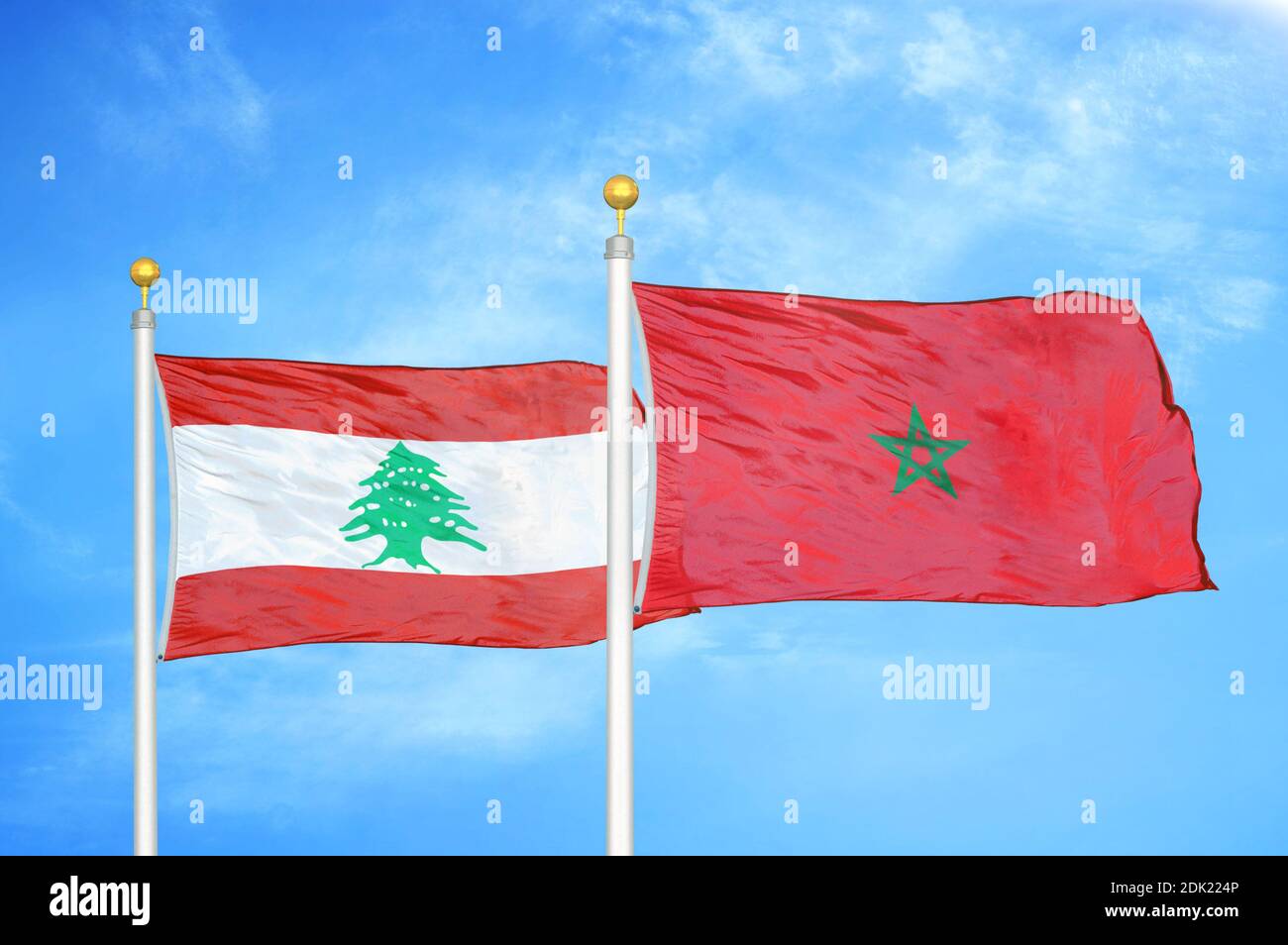 Lebanon and Morocco two flags on flagpoles and blue cloudy sky Stock ...