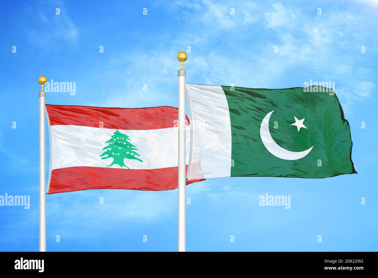 Lebanon and Pakistan two flags on flagpoles and blue cloudy sky Stock ...