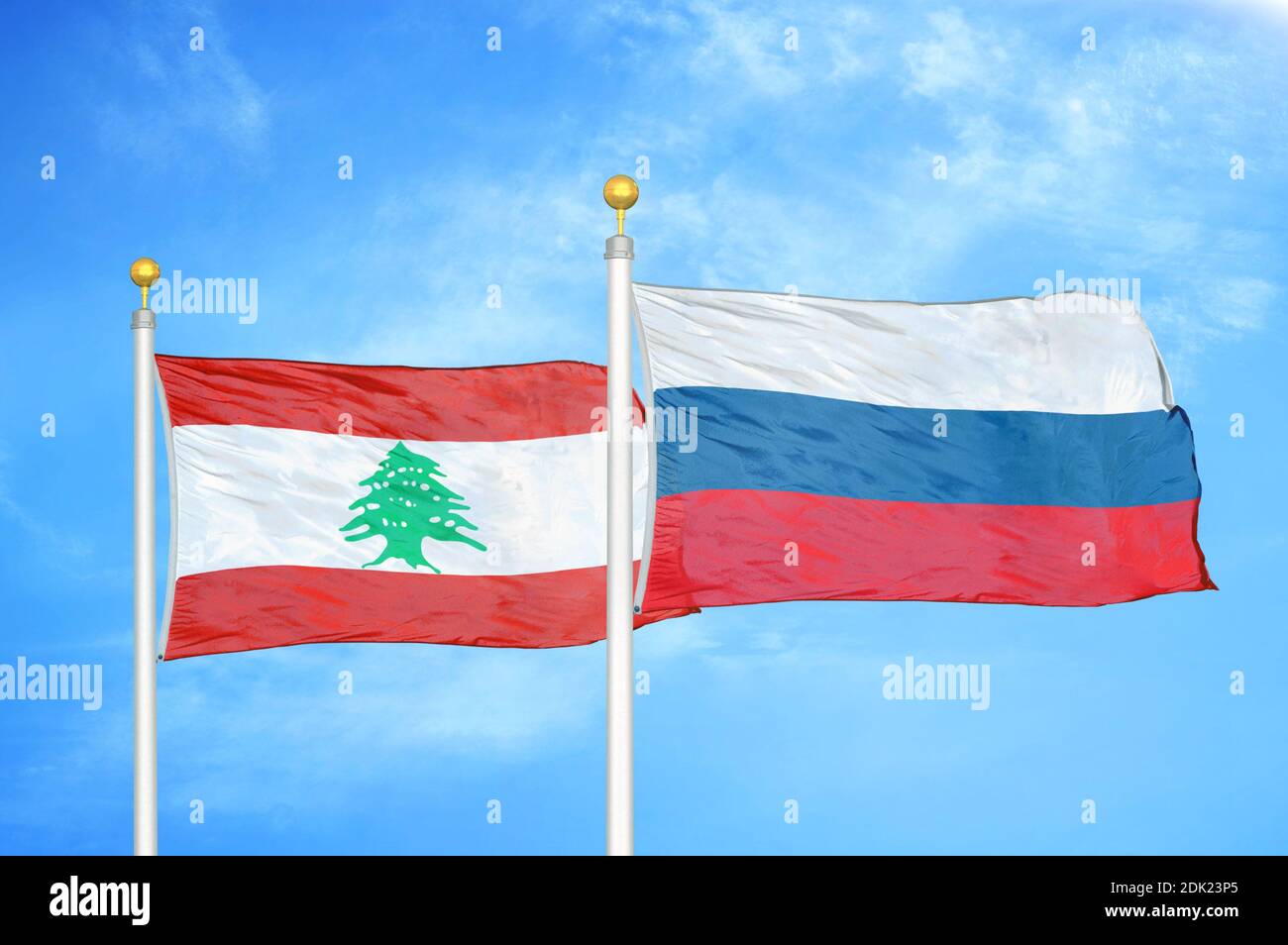 Lebanon and Russia two flags on flagpoles and blue cloudy sky Stock ...