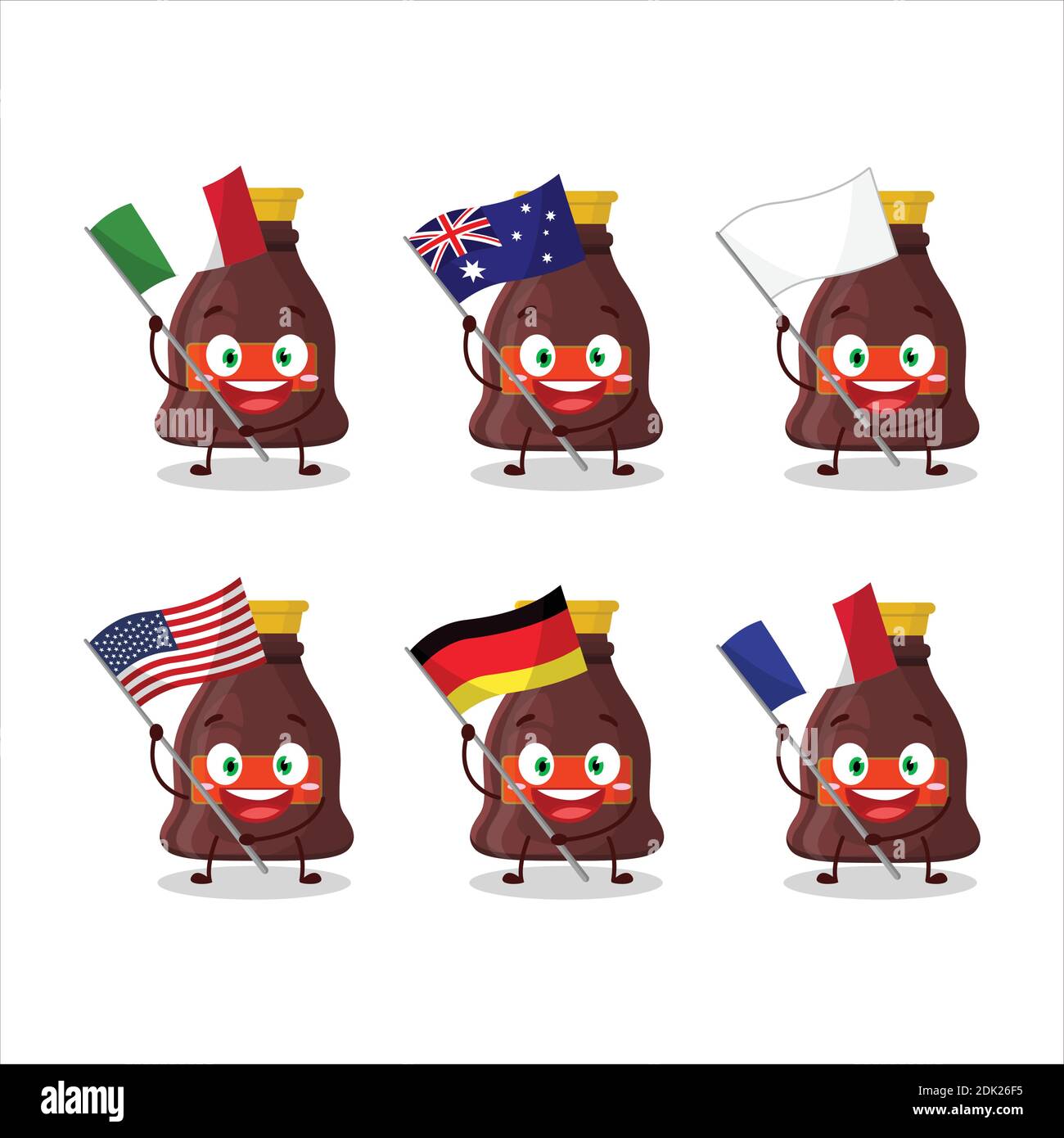 Soy sauce cartoon character bring the flags of various countries ...