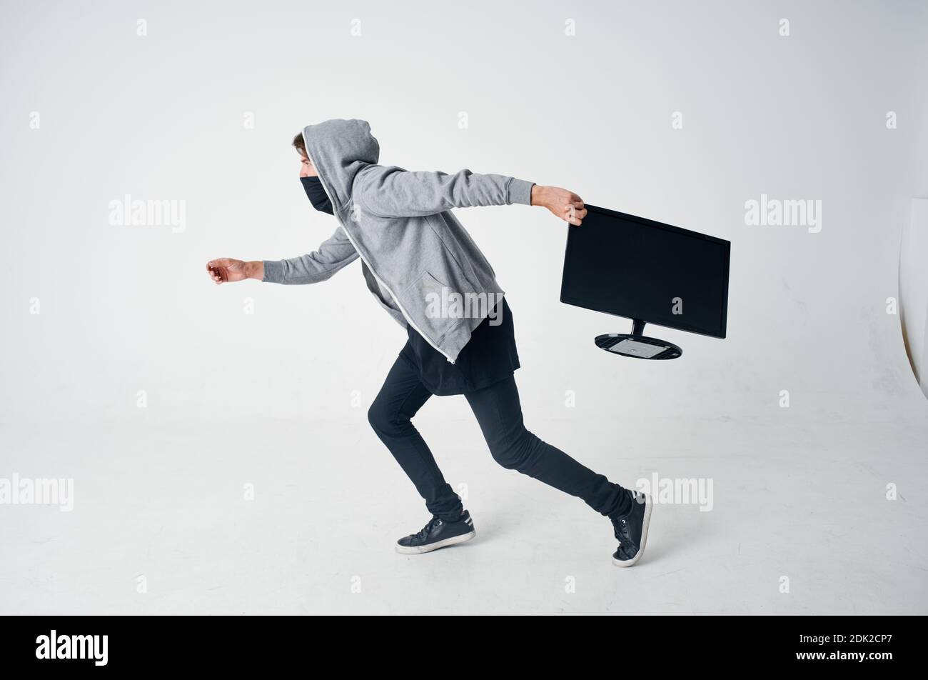 man steals equipment disguise escape crime isolated background Stock ...
