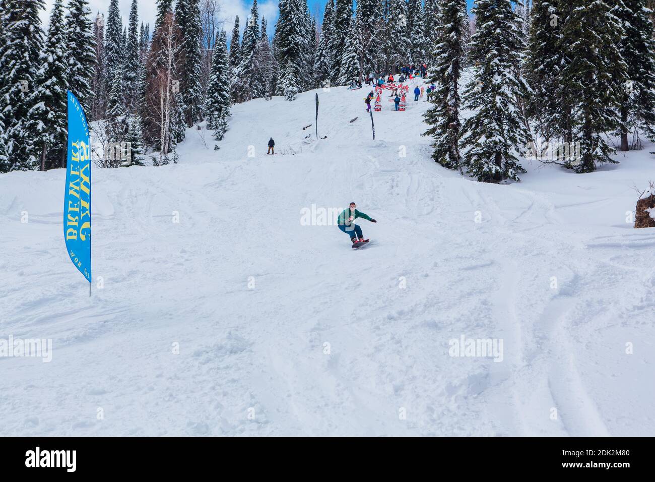 Sheregesh, Kemerovo region, Russia - April 08, 2019: Ski and snowboard ...