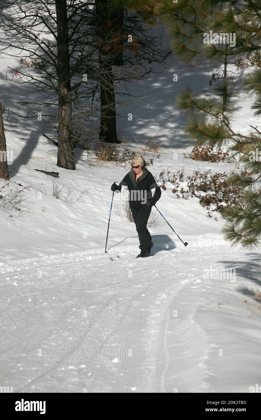 A cross-country skier works her way up a groomed trail at Echo Ridge ...
