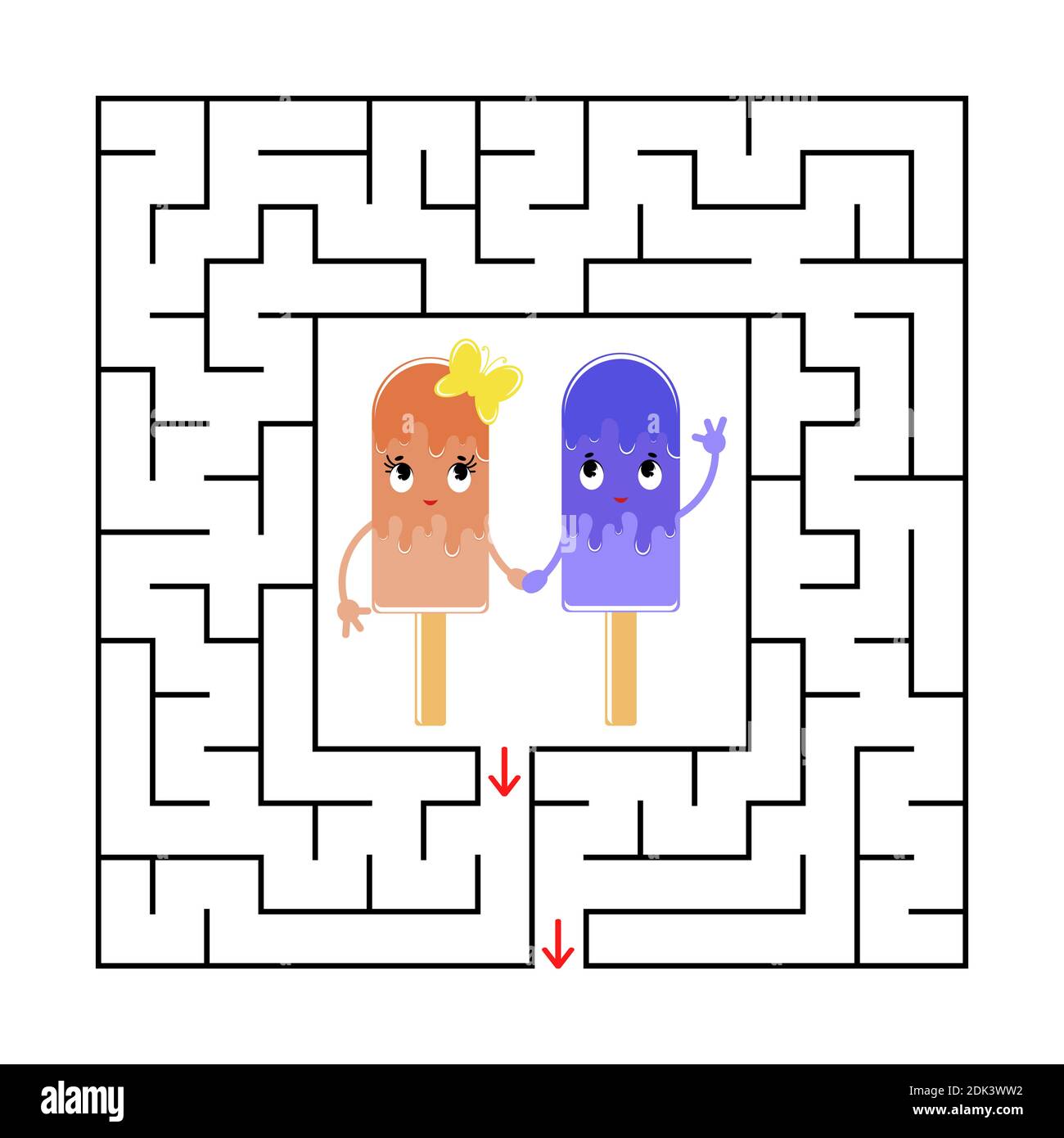 Abstract square maze with a cute color cartoon character. Funny ice ...