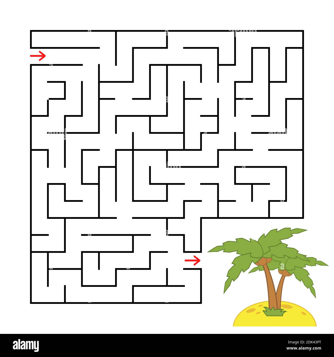 Abstract square maze with a color picture. Island with a palm tree. An ...