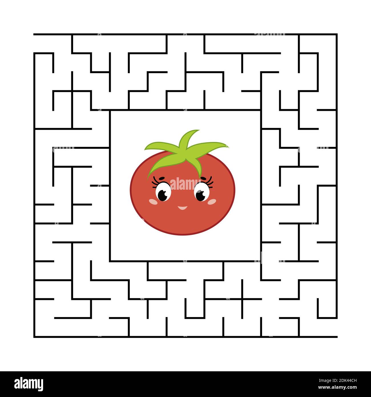 Abstract square maze with a cute color cartoon character. An appetizing ...