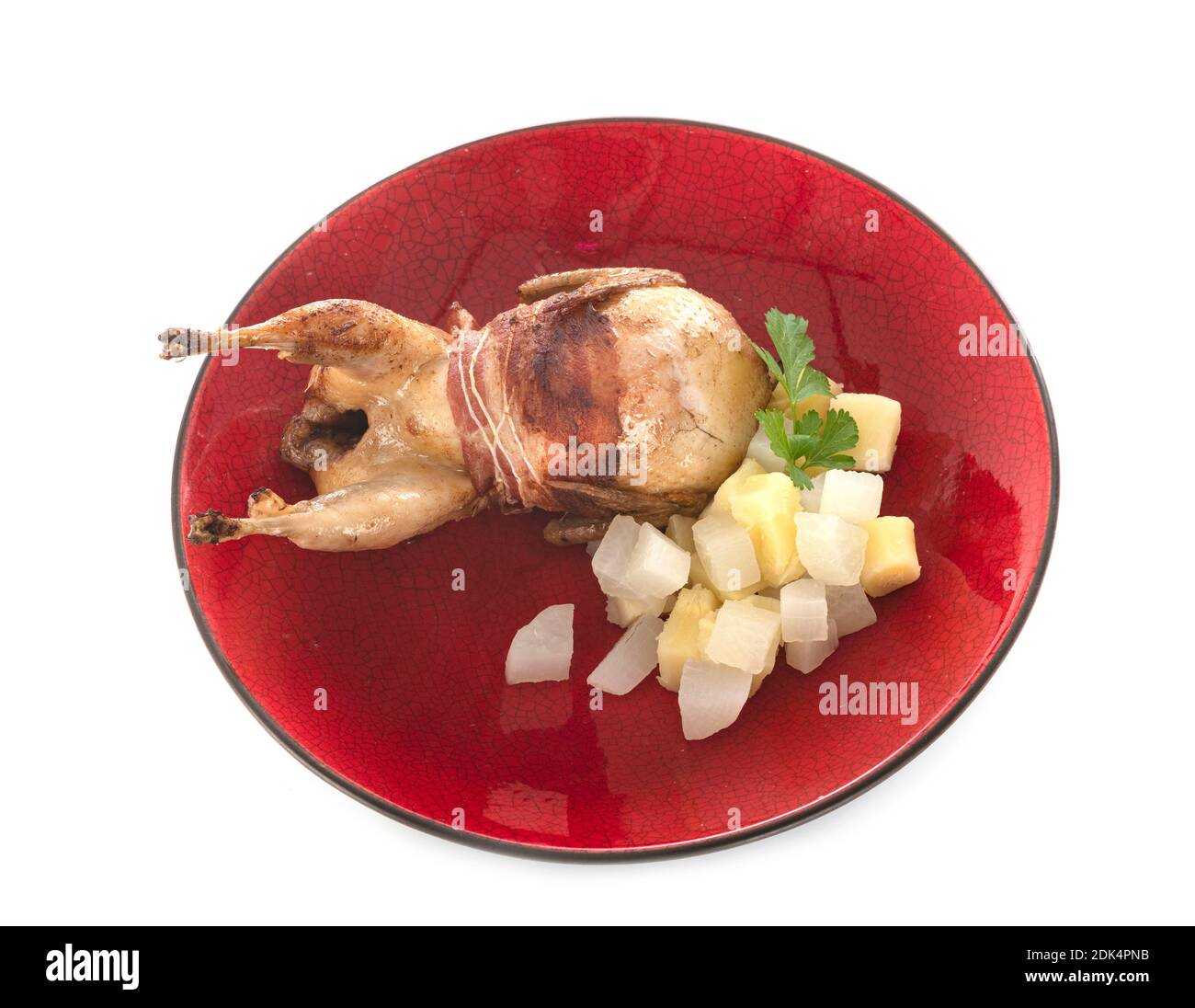 baking quail and bacon in front of white background Stock Photo - Alamy