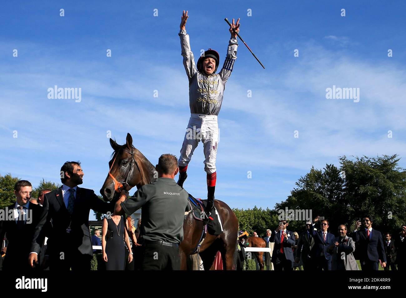 File photo dated 31-07-2015 of Jockey Frankie Dettori leaps from ...