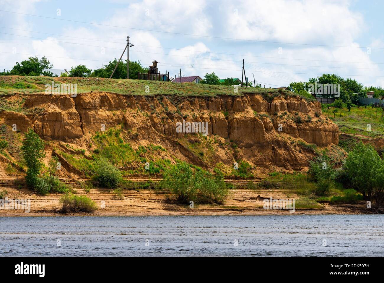 High steep bank of the Don river. Village on a bank of river Stock ...