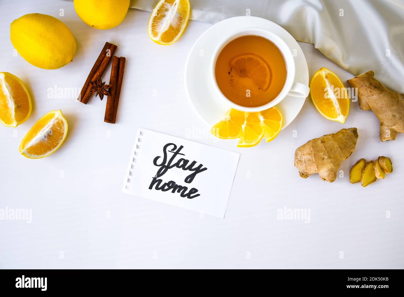 STAY HOME- written on piece of paper among the products for the ...