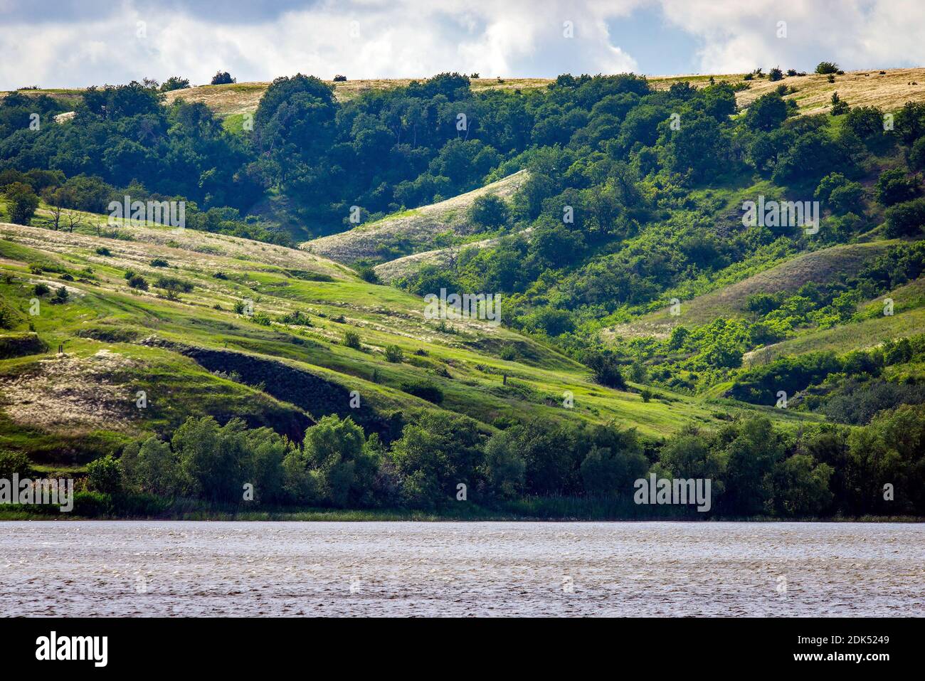 Panoramic view of the river Don and hills, slopes, steppe coast, gully ...